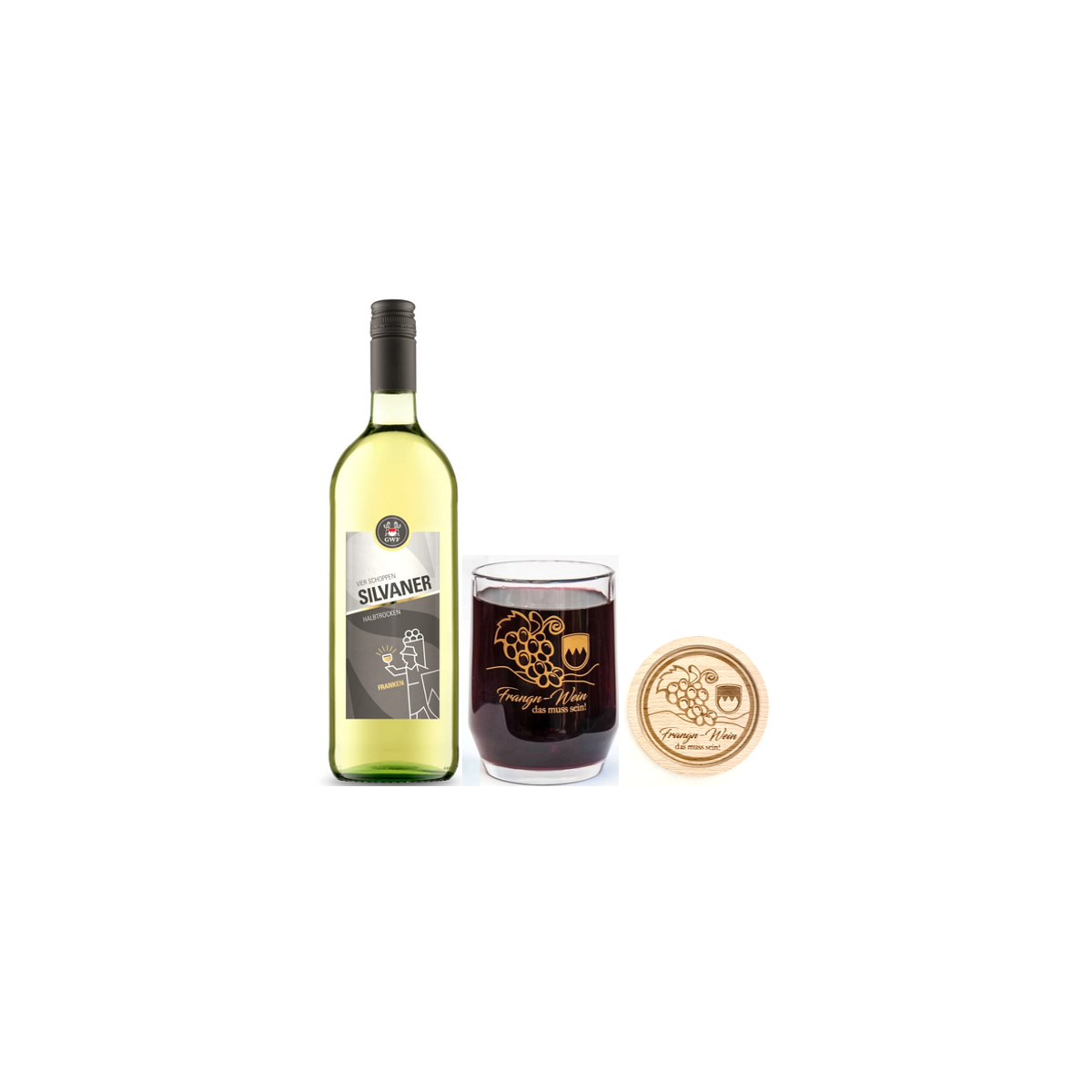 Vier Schoppen Silvaner (halbtrocken) 1l + Glas-Weinkrüglein + Holz-Un ...